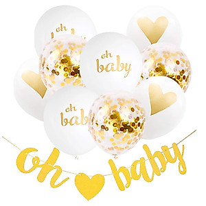 CoolerthingsDG Baby Shower Decorations Neutral Decor Strung Banner & 9PC Balloons w/Ribbon [Gold, Confetti, White] Kit Set | Hang on Wall | Glitter Unisex Pregnancy Announcement Gender Reveal Party
