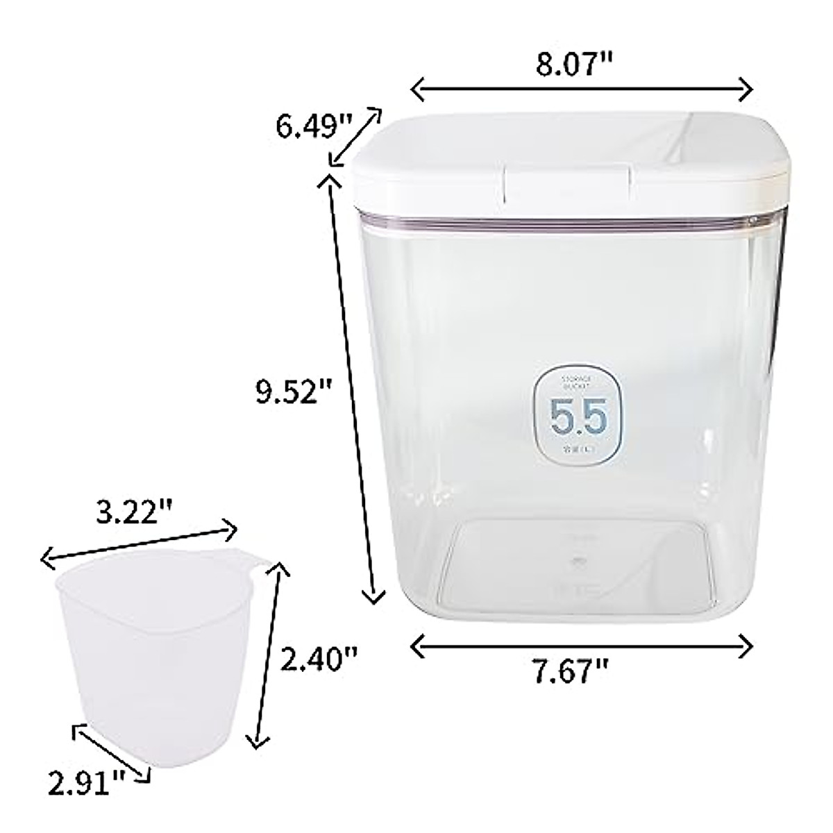 Qiveno Airtight Rice Storage Bin Flour Storage Container 10 Lbs/5.81Qt, Clear Food Container with Measuring Cup Airtight Lid for Kitchen Pantry Organization and Storage