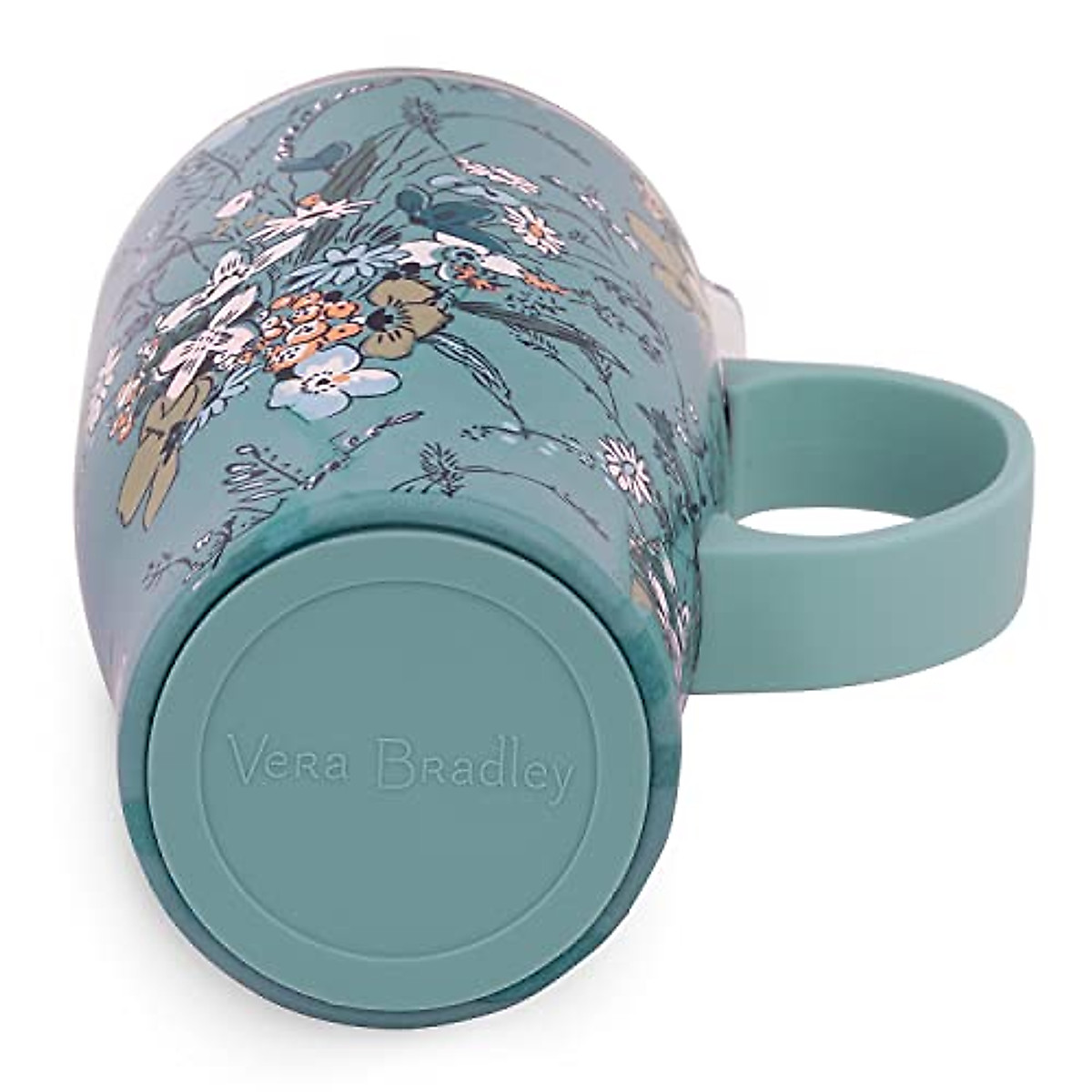 Vera Bradley Coffee Tumbler with Handle, 18 Ounce Stainless Steel Mug with Lid, Green Floral Metal Thermal Cup, Sunlit Garden Greek Sage