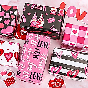 Whaline 12 Sheet Valentine's Day Wrapping Paper Pink Black Heart Gnome Plaid pattern Wrapping Paper Love Printed Art Paper for Wedding Anniversary Baby Shower Birthday Gift Packing, 19.7 x 27.6 Inch