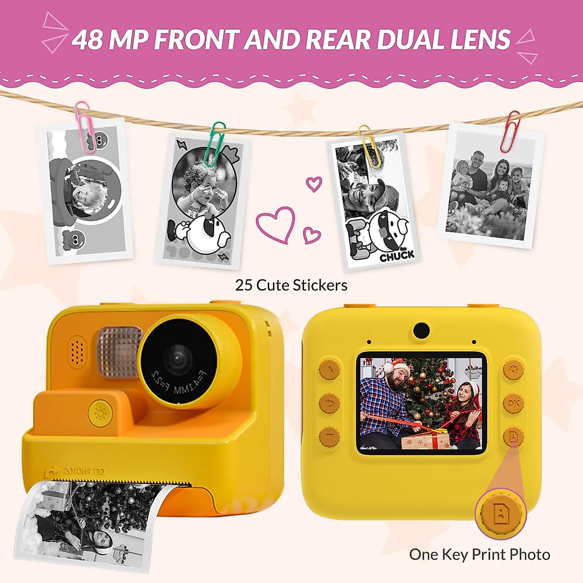 Mafiti Kids Camera Instant Print, 48MP Digital Camera Selfie 1080P Video with 32G TF Card, Toys Gifts for Girls Boys Aged 3-12 for Christmas/Birthday/Holiday (Orange)