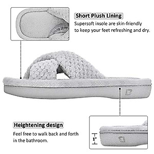 DL Women's Open Toe Cross Band Slippers, Memory Foam Slip on Home Slippers for Women with Indoor Outdoor Arch Support Rubber Sole, Gray, 7-8