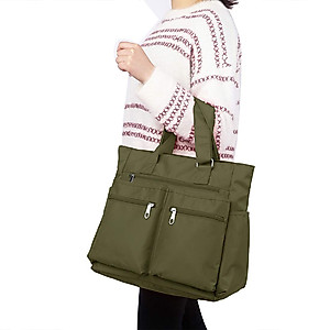 Canvas Tote Bag Waterproof Nylon Multi Pocket Shoulder Bags Laptop Work Bag Teacher Purse and Handbags for Women & Men (Army Green)