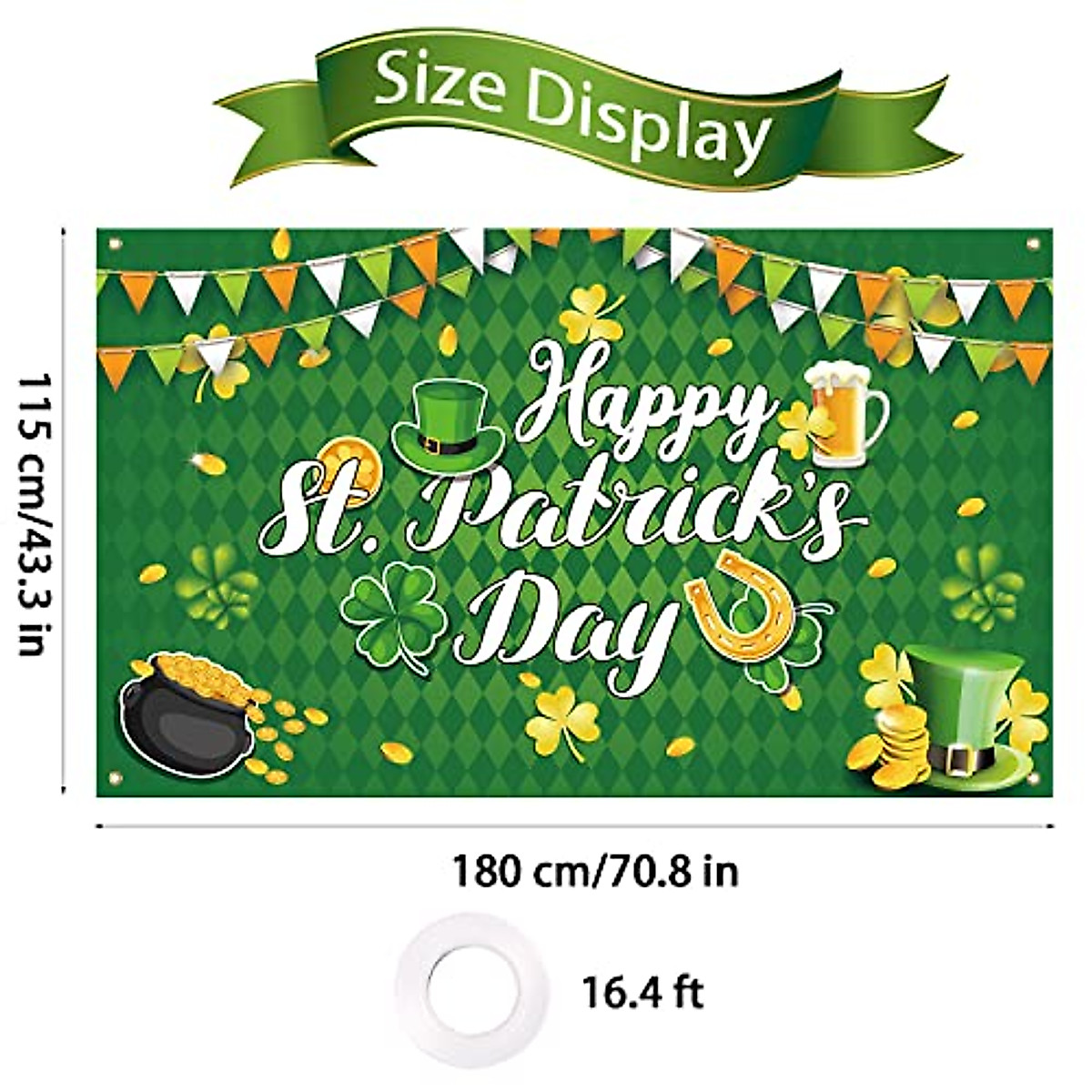 Happy St Patricks Day Banner, 70.8 x 43.3Inch St Patricks Day Decorations St Patricks Day Backdrops for Photography, Green Saint Patricks Day Banner for St Patricks Day Party Decor, Irish Party Decor