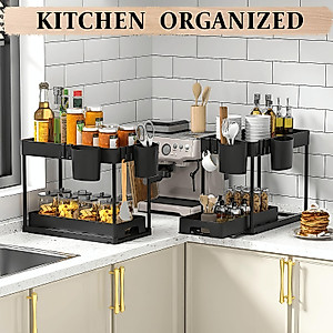 2 Pack Under Sink Organizers and Storage with Under Sink Mat, 2 Tier Black Pull Out Bathroom Cabinet Organizer , Cabinet Organizer with Hooks and Hanging Cups for Home Bathroom Kitchen Organization