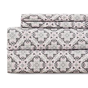 KaceMoo King Sheet Set 4PC Printed Sheets Beige Floral Pattern Boho Sheets Cooling Deep Pocket Microfibe Bed Sheet King Size, Luxury, Soft, Breathable, Hypoallergenic, Wrinkle Free for Kids Room, Dorm