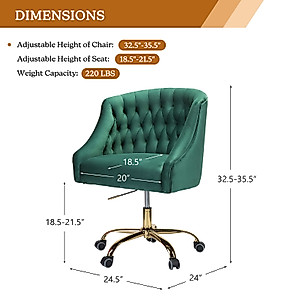 Velvet Home Office Chair with Gold Base, Comfortable Modern Cute Desk Chair, Adjustable Swivel Task Chair for Living Room Bedroom Vanity Study, Green