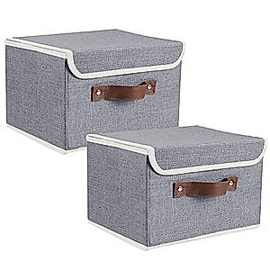 Lucky Monet 2 Pack Linen Fabric Foldable Storage Bin Set Collapsible Storage Box Cube Closet Organizer with Lid & Faux Leather Handle, 10”x8”x7” (Grey)