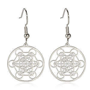 Metatron's Cube Earrings For Women Stainless Steel Sacred Geometry Flower Of Life Earrings Geometric Charm Hexagram Earrings Bohemian Style Jewelry (silver)