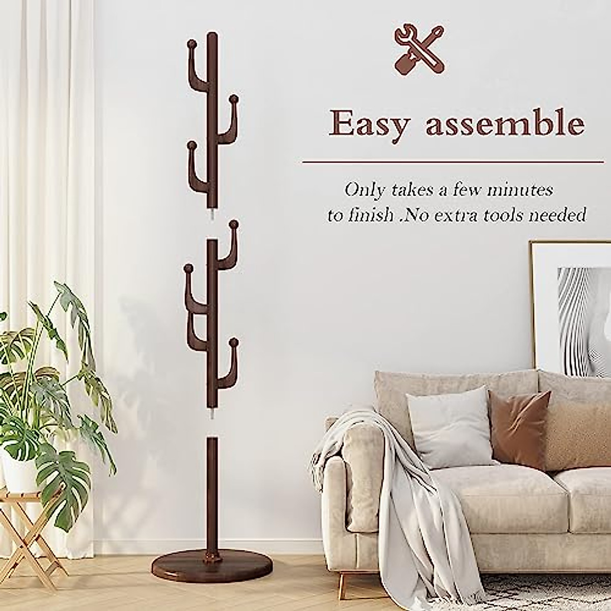 COVAODQ Coat Rack Freestanding, Coat Tree stand with 7 Hooks for Hallway Bedroom Office Natural Wood Standing Coat Rack for Clothes Hat Handbags