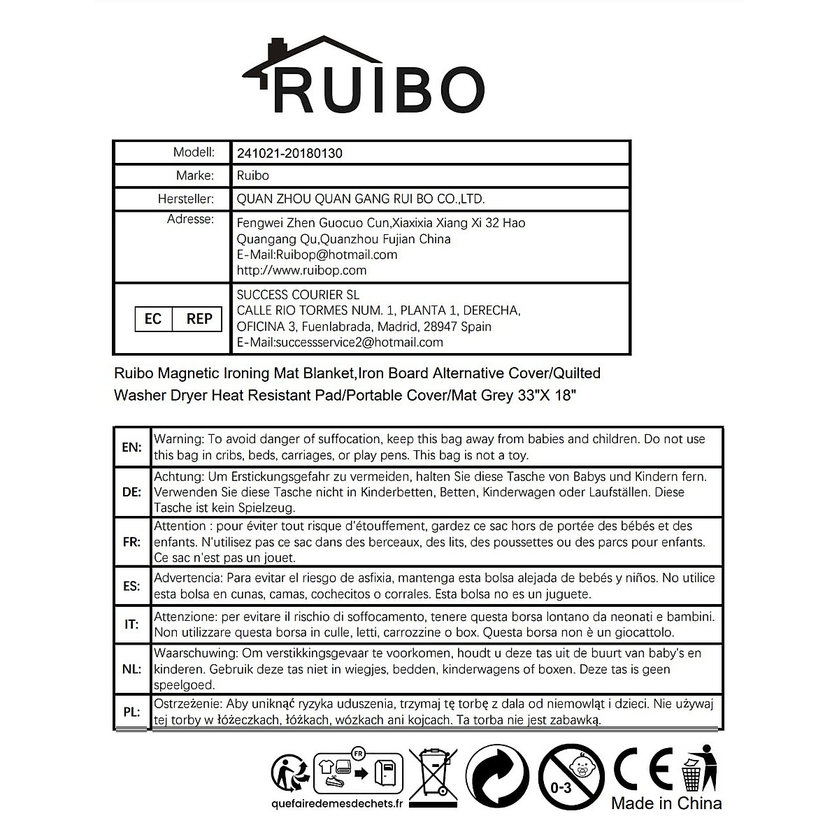 Ruibo Magnetic Ironing Mat Blanket Ironing Board Replacement,Iron Board Alternative Cover / Quilted Washer Dryer Heat Resistant Pad / Portable Ironing Board Cover/Mat Grey 33"X 18"