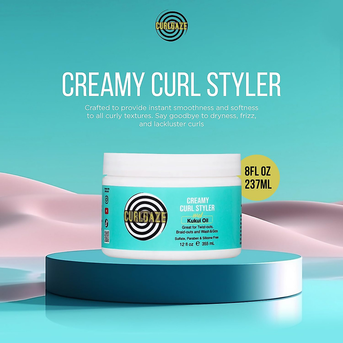 Curldaze Ultra Moisture Creme with Kukui Oil, Vitamins A, C, and E. Moisturizing and Styling Curl Creme for Curly Hair, Great for Twist-Outs, Braid Outs, Wash & Gos, Shines, Intensely Moisturizes