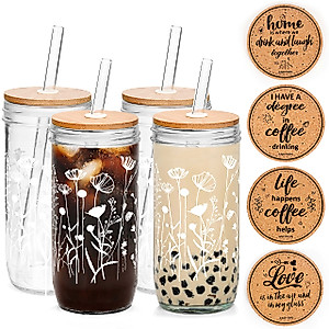 ANOTION Floral Coffee Cups, Mason Jars with Lids and Straws Glass Cups with Wildflower Bamboo Lid Iced Coffee Cups Tumbler Drinking Glasses Travel Coffee Mug Gift for Women Sister Mom