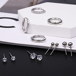 Sterling Silver Stud Earrings Set for Women Hypoallergenic White Gold Plated Silver CZ Ball Stud Earrings and Hoops Studs Cartilage Earing for Women （6 Pairs）