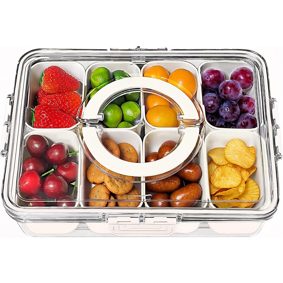 Capella Edge Snack Box with Lid & Handle - Divided Clear Serving Tray, 8 Compartments for Snacks, Fruits, Nuts, Candy - Portable for Parties, Picnics, Travel, and Entertaining