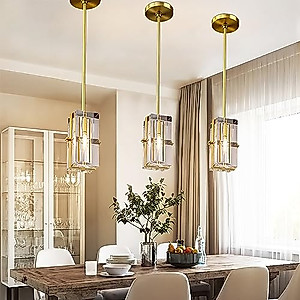Untrammelife Gold K9 Crystal Pendant Light, 1 Light Modern LED Pendant Lights Kitchen Island, Adjustable Ceiling Hanging Pendant Light Fixtures for Dinning Room Bedroom, T8 LED Bulb Included