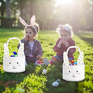 Easter Basket for Toddlers Babies, Cute Fluffy Bunny Basket with Foldable Ears, Easter Baskets Bags for Easter Egg Hunts, Plush Personalized Easter Basket Empty for Kids Girls Boys Gifts, White