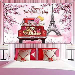 72.83 x 43.31 inch Valentine's Day Backdrop Banner Happy Valentine's Day Photography Props Backdrop Large Fabric Pink Flowers Trees Paris Eiffel Tower Banner for Valentines Party Supplies and Decor