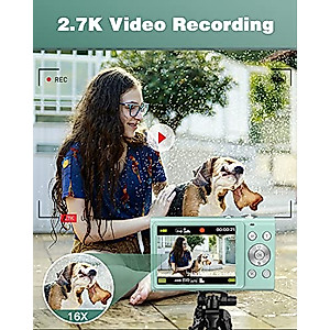 Digital Camera Auto Focus 2.7K 48MP Digital Point and Shoot Camera with 32GB Memory Card,16X Zoom, Time Lapse Vlogging Camera Digital Cameras for 8-15 Years Kids Teenagers Students Boys Girls, Green