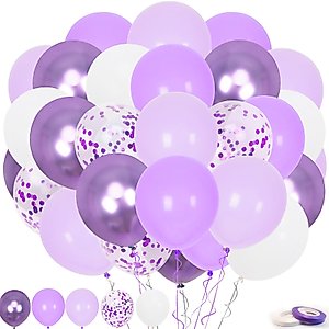 Lavender Purple Balloons, 60 Pcs 12inch Purple Metallic Balloons Lavender Light Purple Lilac Balloons Confetti Balloons with Purple Ribbons Set for Birthday Bridal Shower Wedding Party Decorations