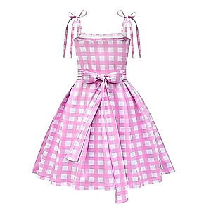 Sztylong Princess Pink Dress for Girls Plaid Fancy Sundress Halloween Costumes With Accessories
