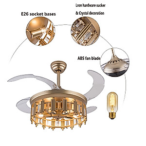 BILPIKOGoo Ceiling Fans with Lights Retractable Blades Caged Ceiling Fan Remote Control 42'' 6 Speeds, 1/2/4 Hours Timing Gold Ceiling Fan for Living Room Bedroom, 35W Reversible Motor