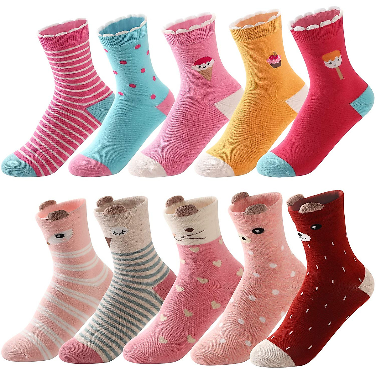 SUNBVE 10 Pairs Pack Toddler Little Girls Fun Cotton Ankle Socks