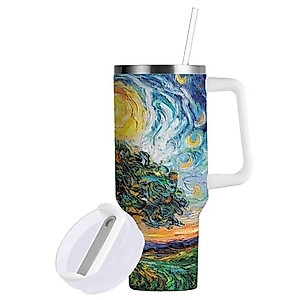 RPLIFE Starry Night Beautiful Tree Blue Coffee Tumbler with Handle, Stainless Steel Coffee Tumbler, Drinking Cups with Lids and Straws