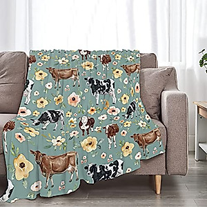Cow Print Blanket Soft Warm Cute Cow Flowers Throw Blanket Fluffy Plush Lightweight Cozy Cows Fleece Flannel Girls Gift Blankets for Kids Adults Bedding Couch Sofa 50"X40"