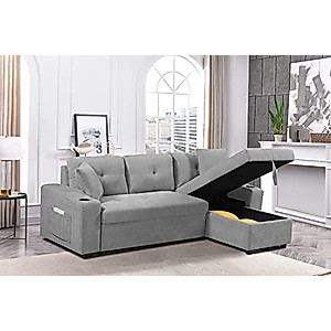 Eafurn L-Shaped Convertible Sleeper Sectional Sofa Couch Bed w/Chaise Lounge & Cup Holders, Reversible Corner Couch w/Pull Out Bed& Storage, 4 Seater Tufted Pullout Sofabed for Living Room Office