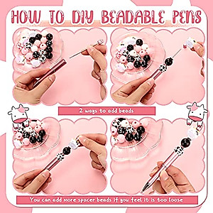 12 Set Plastic Beadable Pens Assorted Bead Pens Wood Beads Crystal Spacer Beads Set Round Beads Black Ink Ballpoint Pen DIY Bead Pen Set for Women Kids Gifts School Office Supplies (Cow Print)