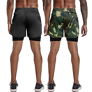 GYMELITE Men's 2 in 1 Workout Running Shorts 7" Gym Yoga Active Sports Shorts Lightweight Training with Phone Pockets(BKCGN M)