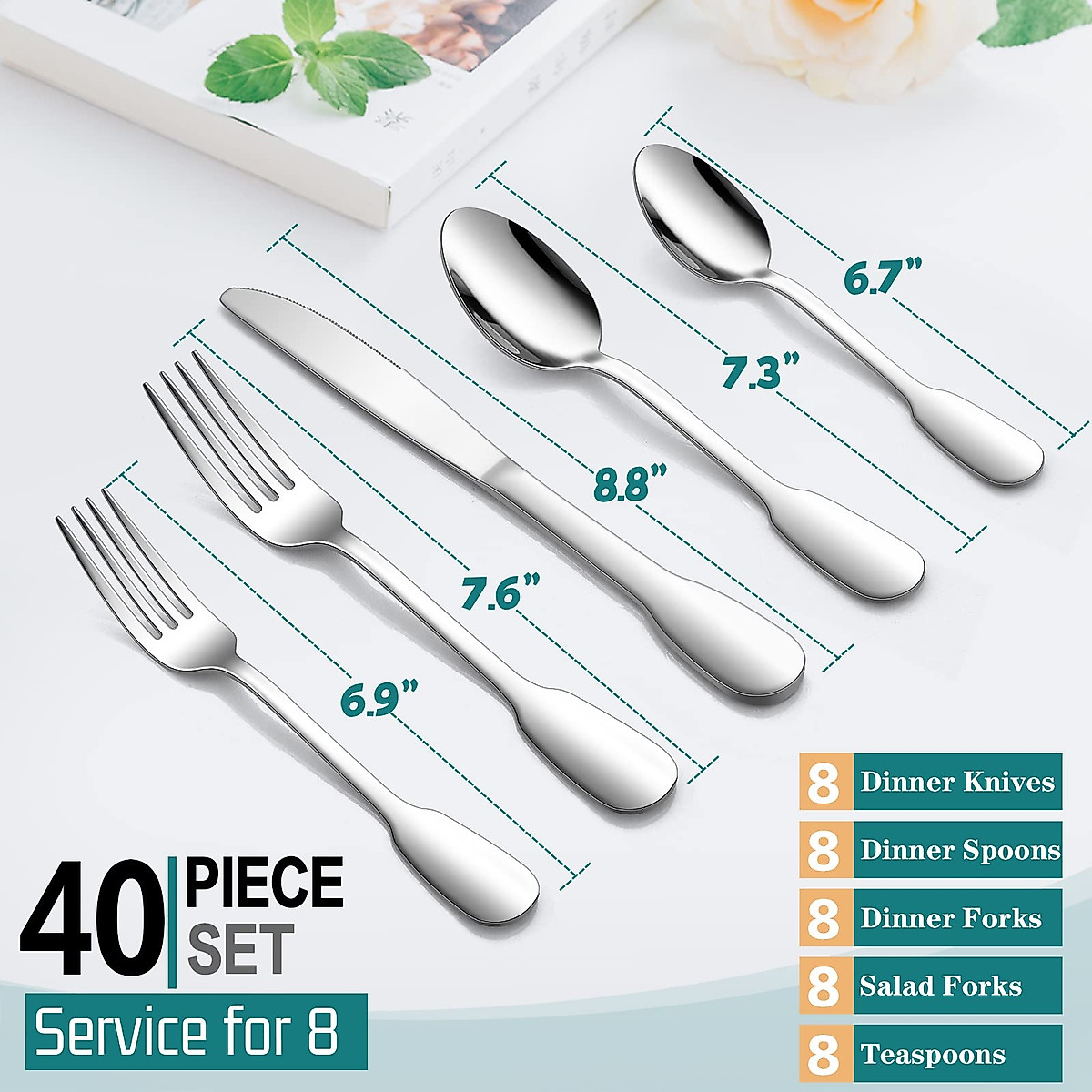 18/10 Silverware Set, E-far 40-Piece Stainless Steel Flatware Cutlery Set Service for 8, Metal Tableware Eating Utensil Sets for Home/Restaurant/Wedding, Elegant & Classic Style - Dishwasher Safe
