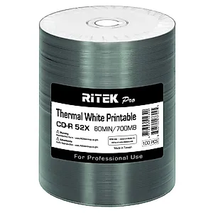 100 Pack Ritek Pro (Professional Grade) CD-R 52X 700MB White Thermal Hub Printable Blank Media Recordable Disc