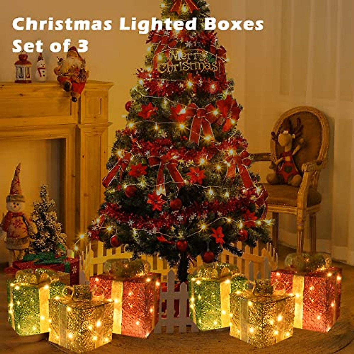 Lighted Gift Boxes Christmas Decorations Boxes 3pcs Pre-Lit Present Boxes Ornament Outdoor Christmas Tinsel Boxes Decoration with Bows for Outside Xmas Home Yard Decor