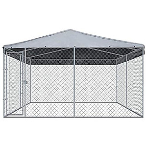 vidaXL Outdoor Dog Kennel with Roof Lockable Mesh Sidewalls Heavy Duty Garden Backyard Pet Cage 150.4"x150.4"x88.6" Galvanized Steel