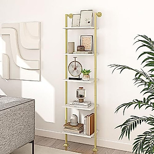 Axeman 5-Tier Ladder Bookcase, Tall Narrow Bookshelf for Small Spaces, Modern Book Storage Organizer Case Open Shelves for Bedroom, Living Room, Office, Library, Gold Metal Frame and White Shelf