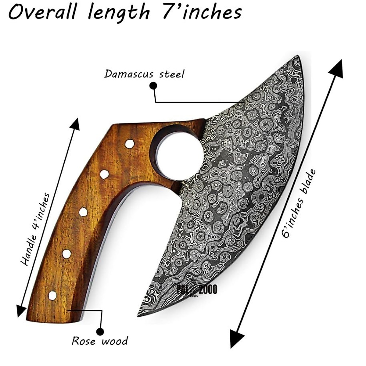 PAL 2000 KNIVES ULU-9881 Handmade Damascus Steel 6 Inch Blade Ulu Knife Rosewood Handle