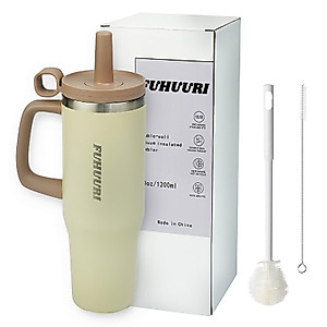 FUHUURI 40oz Stainless Steel Tumbler with Handle,Straw Lid,Double Wall Insulated, Keep Drinks Cold or Hot,Cupholder Friendly (Khaki brown)