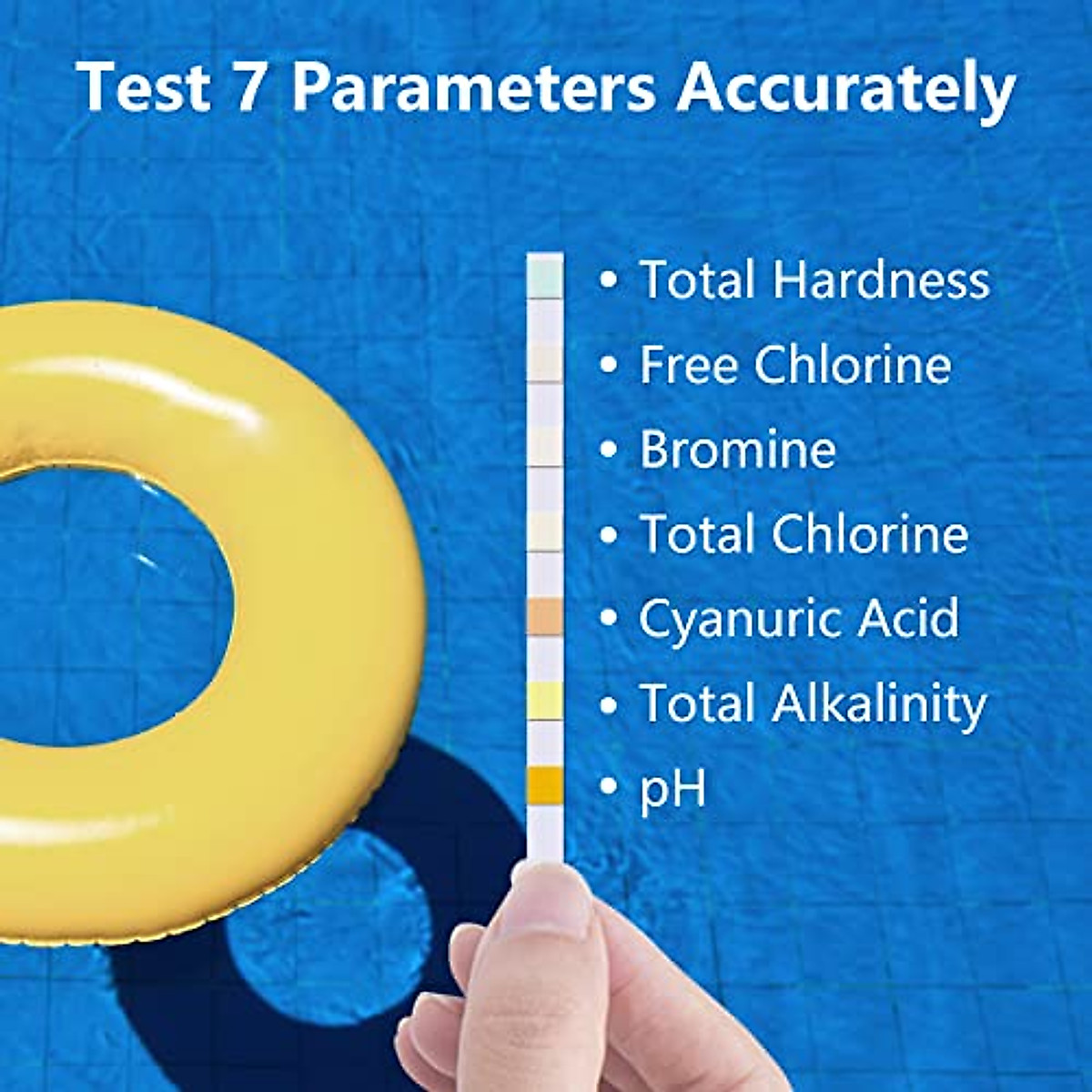 Pool Test Strips 7 in 1, 100 ct Spa Test Strips for Hot Tub Water, Pool Test Strips for Inground Pool, Testing Hardness, Free Chlorine, Bromine, Total Chlorine, Cyanuric Acid, Total Alkalinity, pH