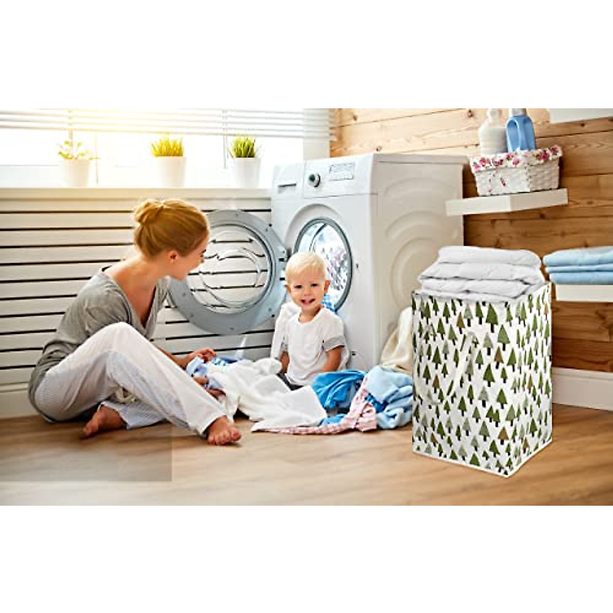 Sanjiaofen 2 pack 75L Large Laundry Basket Green Laundry Hamper With Extended Handles, Freestanding Waterproof Clothes Hamper for Boys,Kids woodland decor, Nersery,Bedroom, Bathroom.(Green tree)