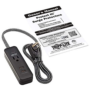 Tripp Lite 1-Outlet Surge Protector with 2 USB Ports (2.1A Shared) - 4 ft. Cord, 5-15P Plug, 450 Joules, Black (TLP104USB)