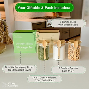 Set of 3 Airtight Glass Jars with Bamboo Lids & Bamboo Spoons - Decorative & Durable 17-Oz Borosilicate Glass Canisters Hold Coffee Beans, Tea, Flour, Sugar, Nuts, Candy, Bath Salts & More