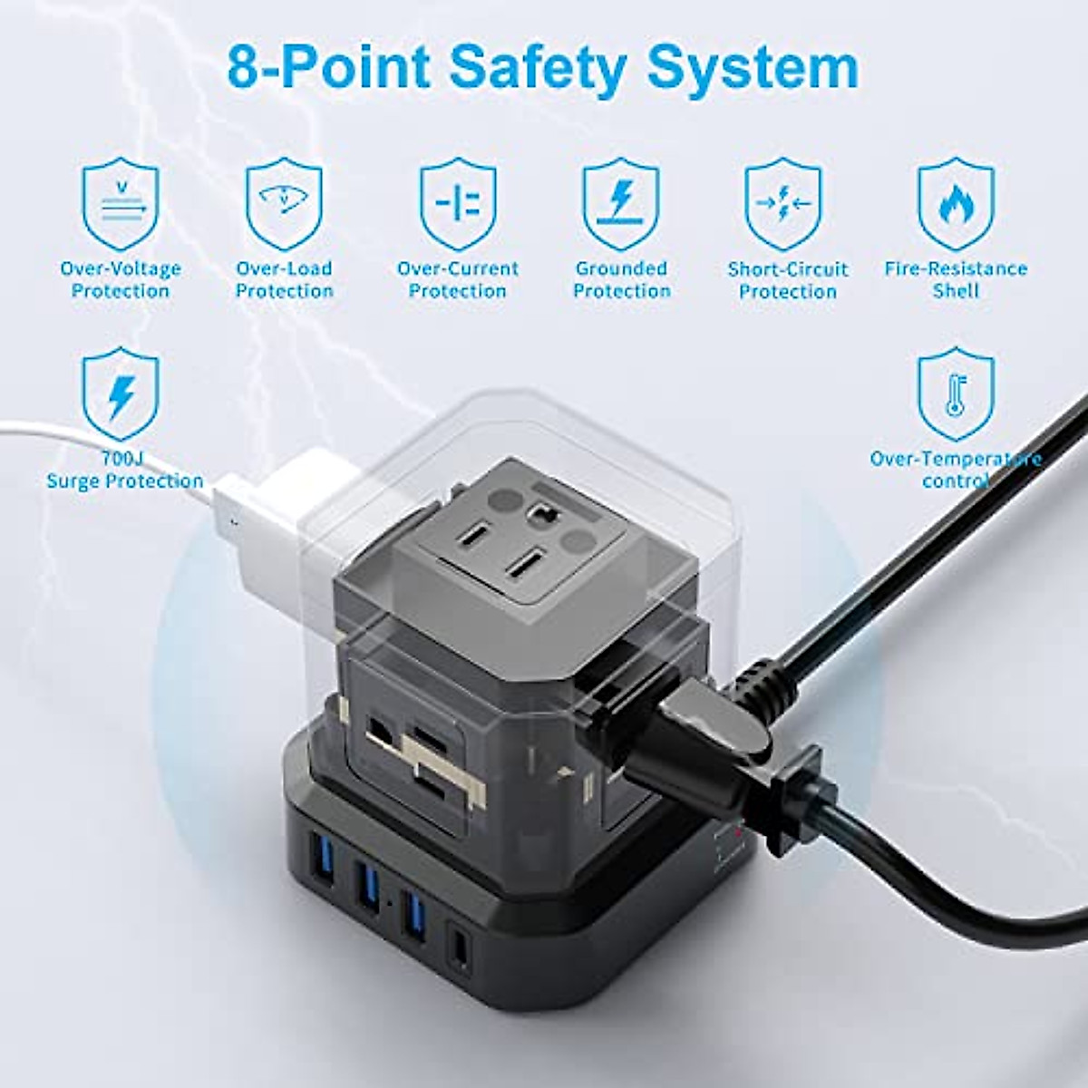 Power Strip with USB-C (3.0A), TOPREK Power Strip Surge Protection (700J), 10 FT Extension Cord with 5 AC & 4 USB, Portable Travel Power Strip for Office, Dorm, Hotel, Compact Desk Charging Station