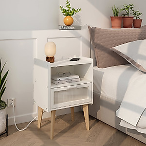 MMEOLUOOK Nightstand with Charging Station, Bedside Tables, End Table Side Table with 2 Tiers Storage Space, for Bedroom, Living Room, White MLBZ07WE