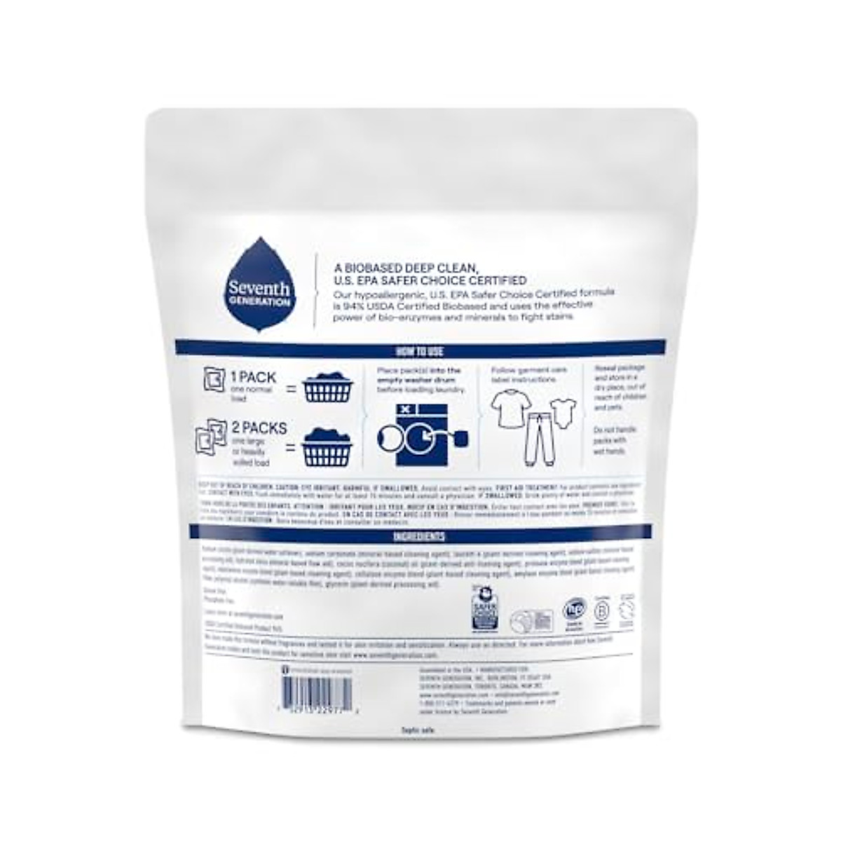 Seventh Generation Laundry Detergent Packs, Free & Clear, Made for Sensitive Skin, 90 Loads (2 pouches, 45 Ct EA)