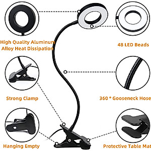 lishumei Clip on Light Reading Lights, 48 LED USB Desk Lamp with 3 Color Modes 10 Brightness, Flexible USB Clamp Bedside Lamp, Eye Caring Book Light for Studying/Working/Gaming (Black)