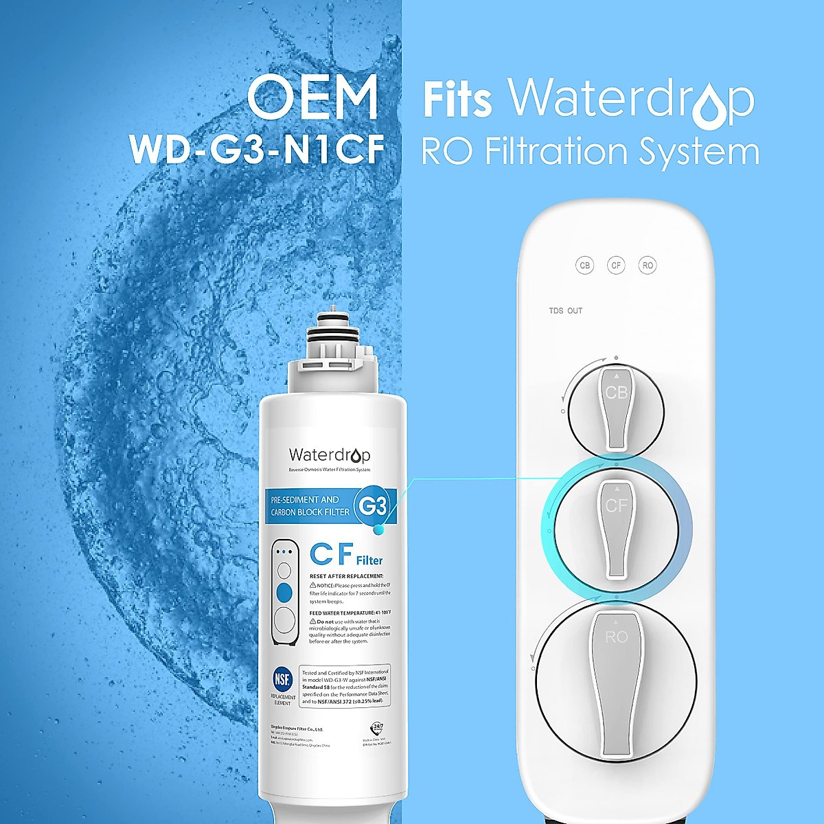 Waterdrop WD-G3-W Replacement Filter, Replacement for WD-G3-W Reverse Osmosis System, CF Filter + CB Filter + RO Filter, New Logo Design
