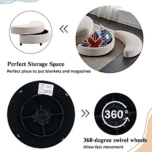 Yehha Sofa 360 Swivel Top Barrel Storage Ottoman & 4 Pillows, Modern Linen Leisure Chair Round Accent for Living Room Bedroom, Creamy White