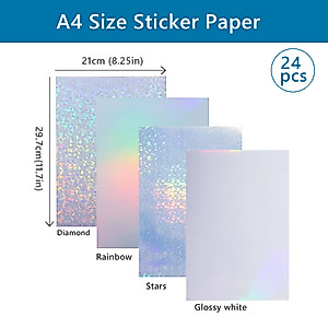 24 Sheets Vinyl Printable Sticker Paper A4 Size (8.25" x 11.7") Holographic Glossy Sticker Paper Self-Adhesive Waterproof Dries Quickly For Inkjet/Laser Printer